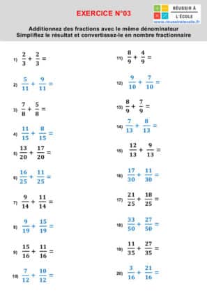 Additions de fractions : 11 exercices à imprimer gratuitement