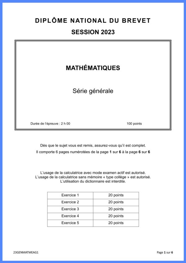 Sujet de Maths du Brevet 2023 et à sa Correction à imprimer ... Sujet de Maths du Brevet 2023 et à sa Correction à imprimer ...