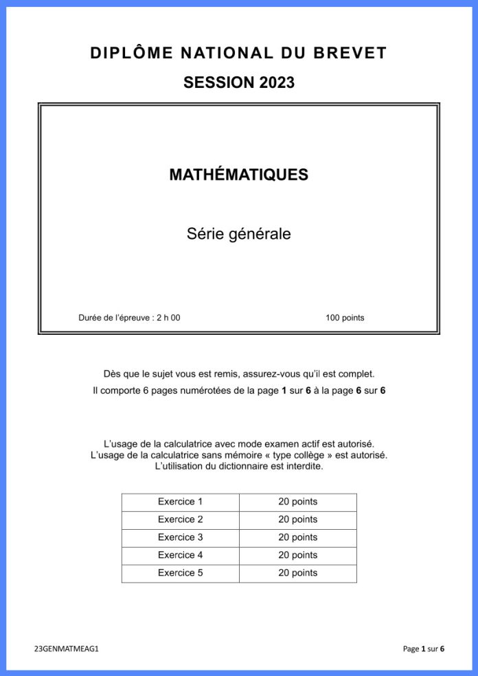 Sujet de Maths du Brevet 2023 et à sa Correction à imprimer - Coloriages éducatifs et ...