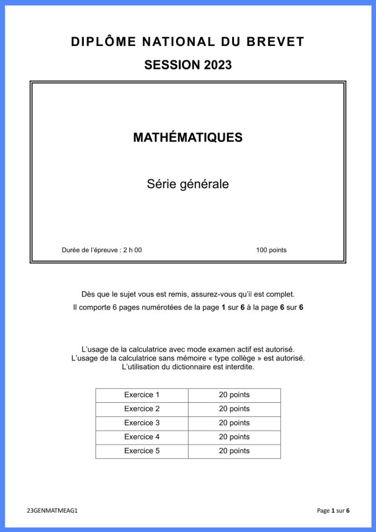 Sujet de Maths du Brevet 2023 et à sa Correction à imprimer - Coloriages éducatifs et ...