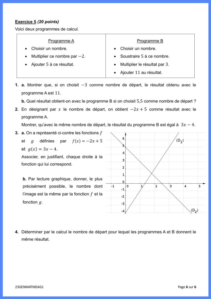 Sujet de Maths du Brevet 2023 et à sa Correction à imprimer - Coloriages éducatifs et ...