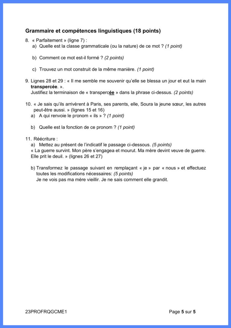 Sujet Francais Brevet 2023 et sa Correction à imprimer