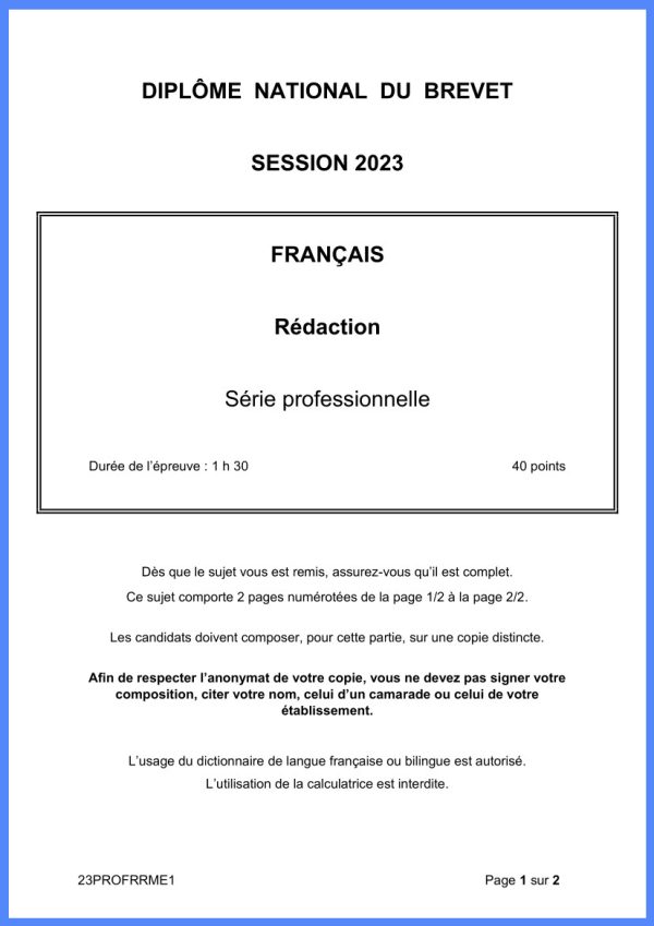 Sujet Francais Brevet 2023 et sa Correction à imprimer