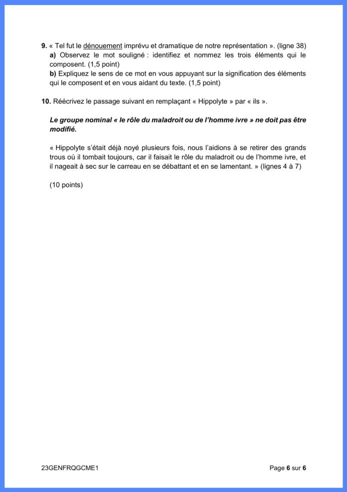 Sujet Francais Brevet 2023 et sa Correction à imprimer