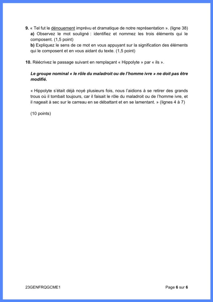 Sujet Francais Brevet 2023 et sa Correction à imprimer