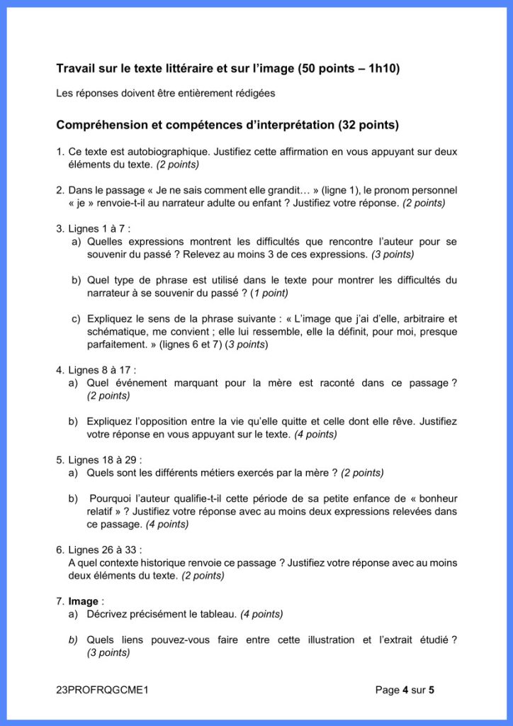 Sujet Francais Brevet 2023 et sa Correction à imprimer