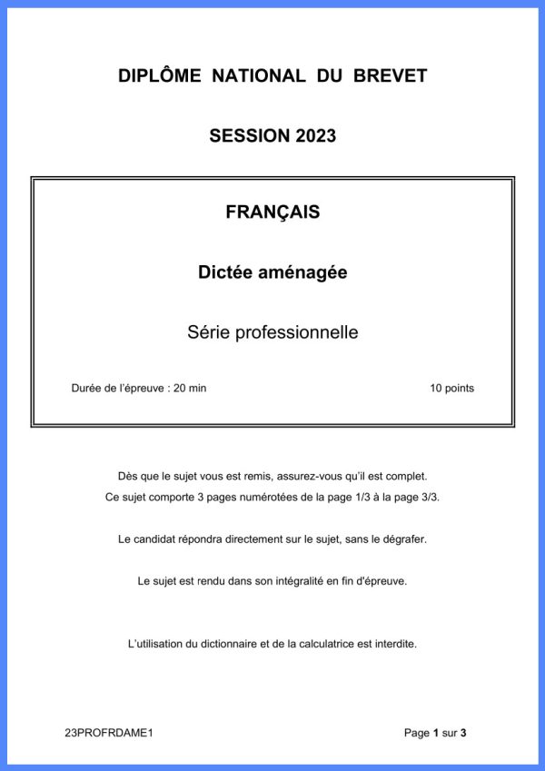 Sujet Francais Brevet 2023 et sa Correction à imprimer