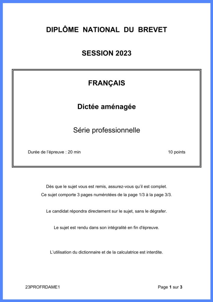 Sujet Francais Brevet 2023 et sa Correction à imprimer