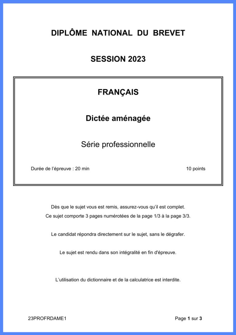 Sujet Francais Brevet 2023 et sa Correction à imprimer