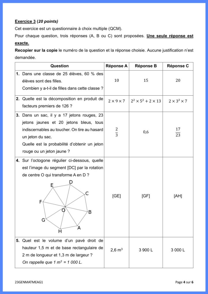 Sujet de Maths du Brevet 2023 et à sa Correction à imprimer ...
