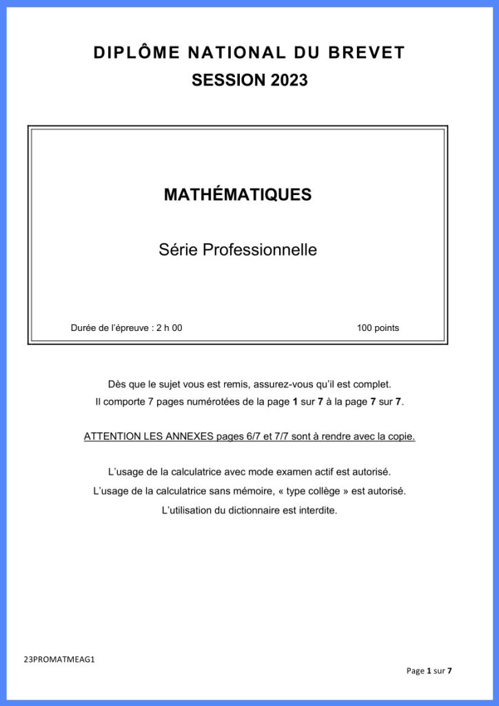 Sujet de Maths du Brevet 2023 et à sa Correction à imprimer ...