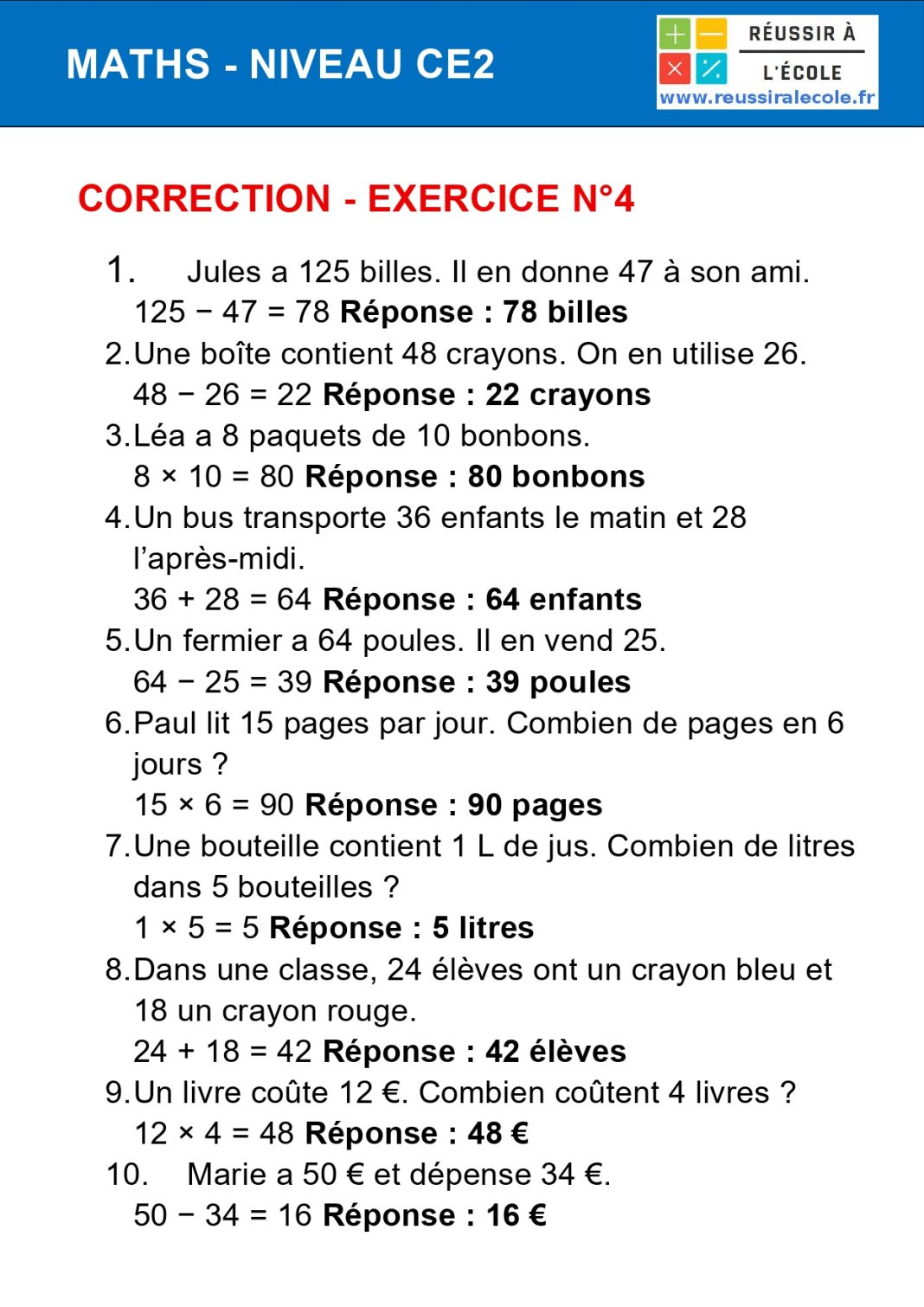 Exercice Math CE2 : 40 questions avec Corrigé (PDF)