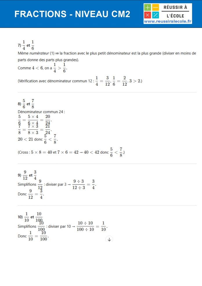 Exercice Fraction CM2 : 50 questions avec Corrigé (PDF)