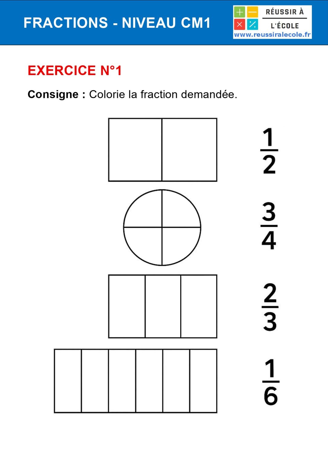 Exercice Fraction CM1 : 50 questions avec Corrigé (PDF)