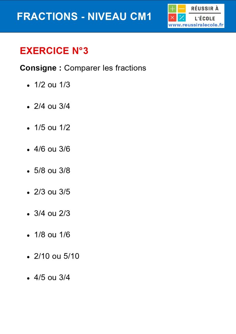 Exercice Fraction CM1 : 50 questions avec Corrigé (PDF)