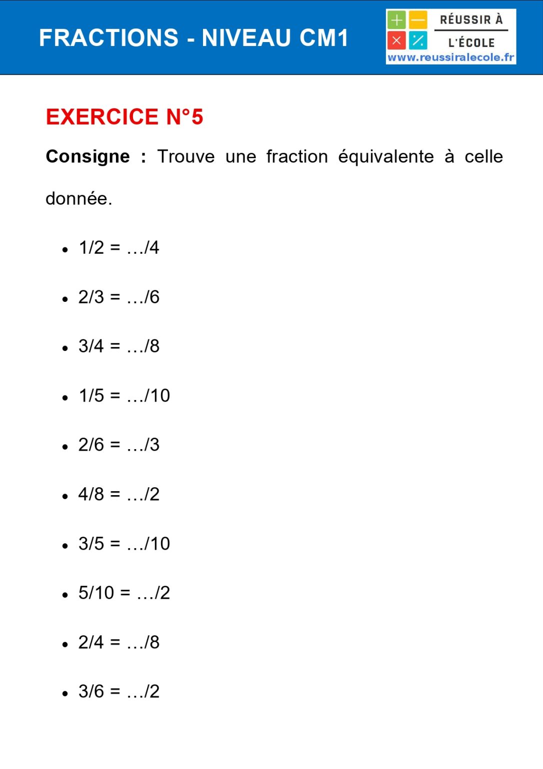 Exercice Fraction CM1 : 50 questions avec Corrigé (PDF)