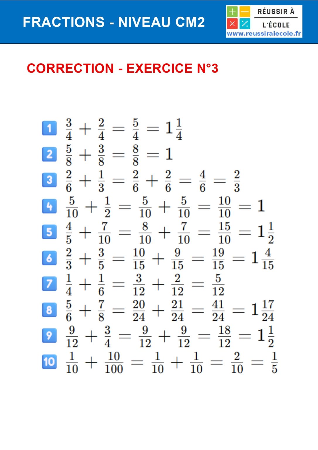 Exercice Fraction CM2 : 50 questions avec Corrigé (PDF)