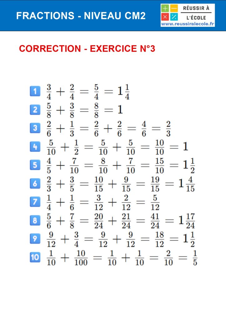 Exercice Fraction CM2 : 50 questions avec Corrigé (PDF)