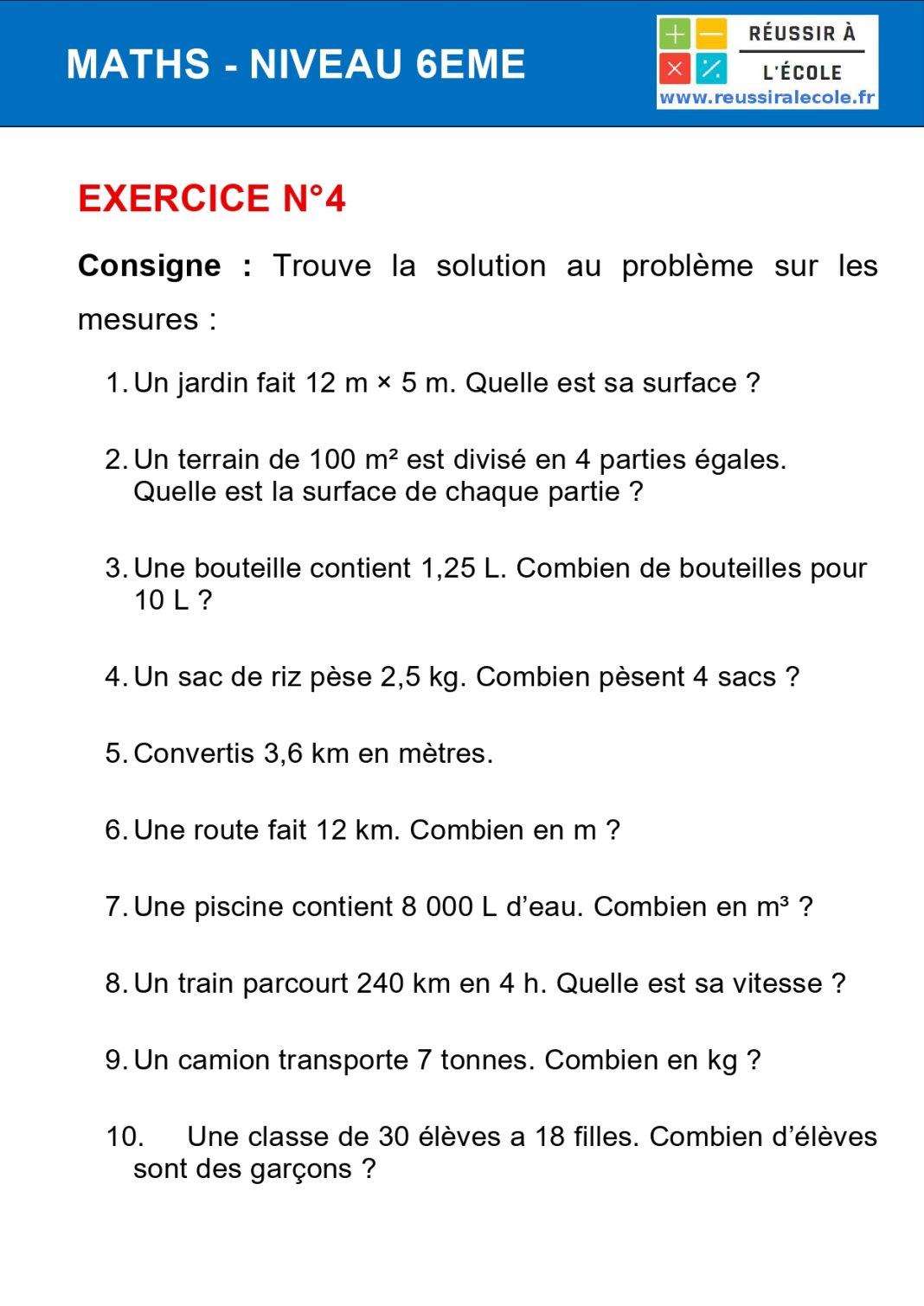 Exercice de Math 6ème avec Correction (PDF)