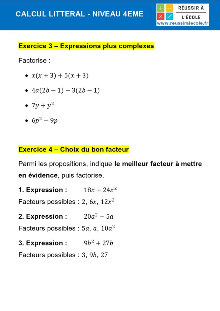 Exercice Calcul Littéral 4ème avec corrigé PDF à imprimer