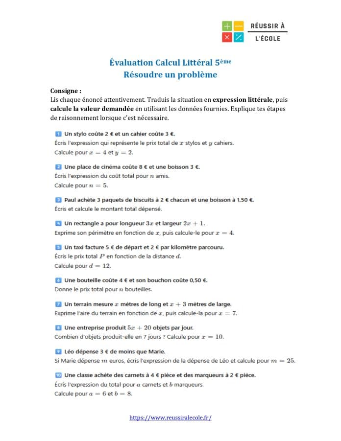 Évaluation Calcul Littéral 5ème avec Corrigés PDF