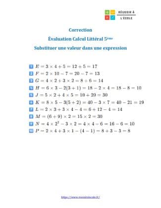 Évaluation Calcul Littéral 5ème avec Corrigés PDF