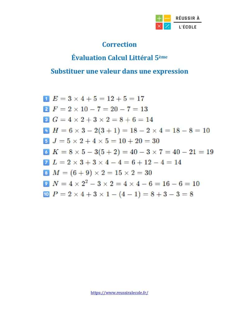 Évaluation Calcul Littéral 5ème avec Corrigés PDF