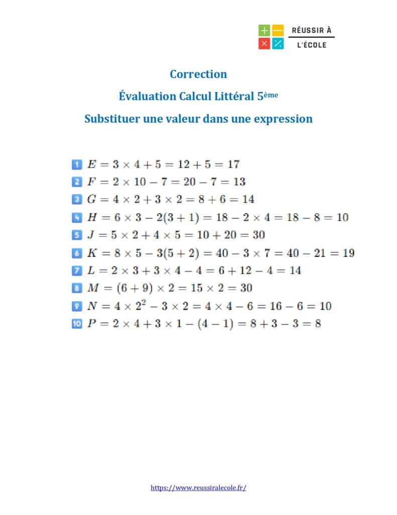 Évaluation Calcul Littéral 5ème avec Corrigés PDF