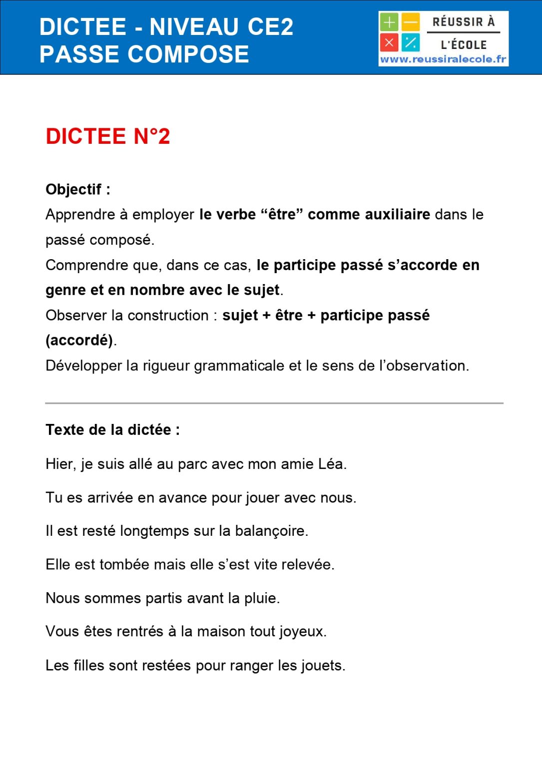 Dictée CE2 Passé Composé : Exercices GRATUITS (PDF)