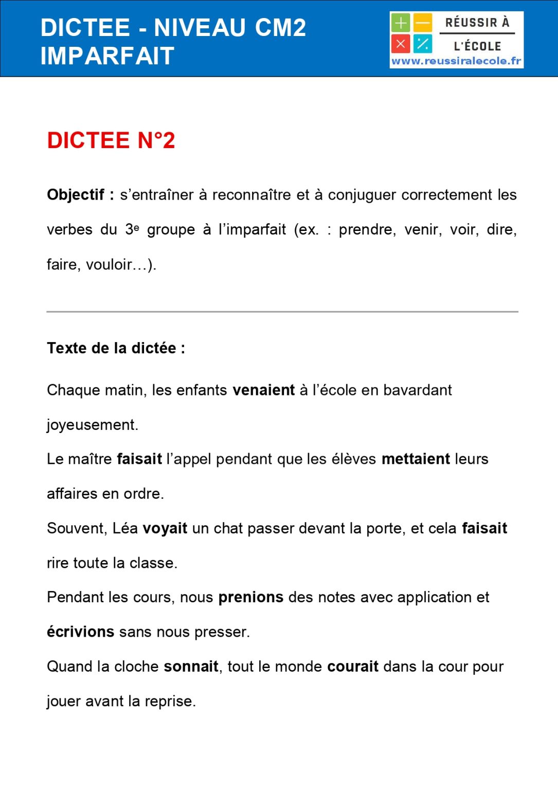 Dictée CM2 Imparfait : Exercices GRATUITS (PDF)