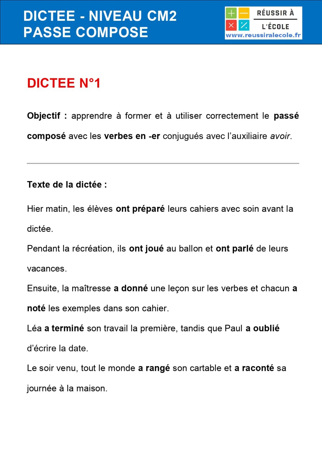Dictée CM2 Passé Composé : Exercices GRATUITS (PDF)