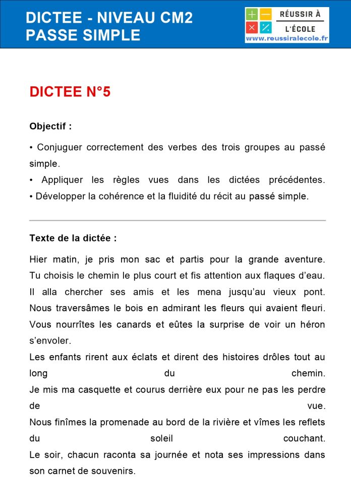 Dictée CM2 Passé Simple: Exercices GRATUITS (PDF)