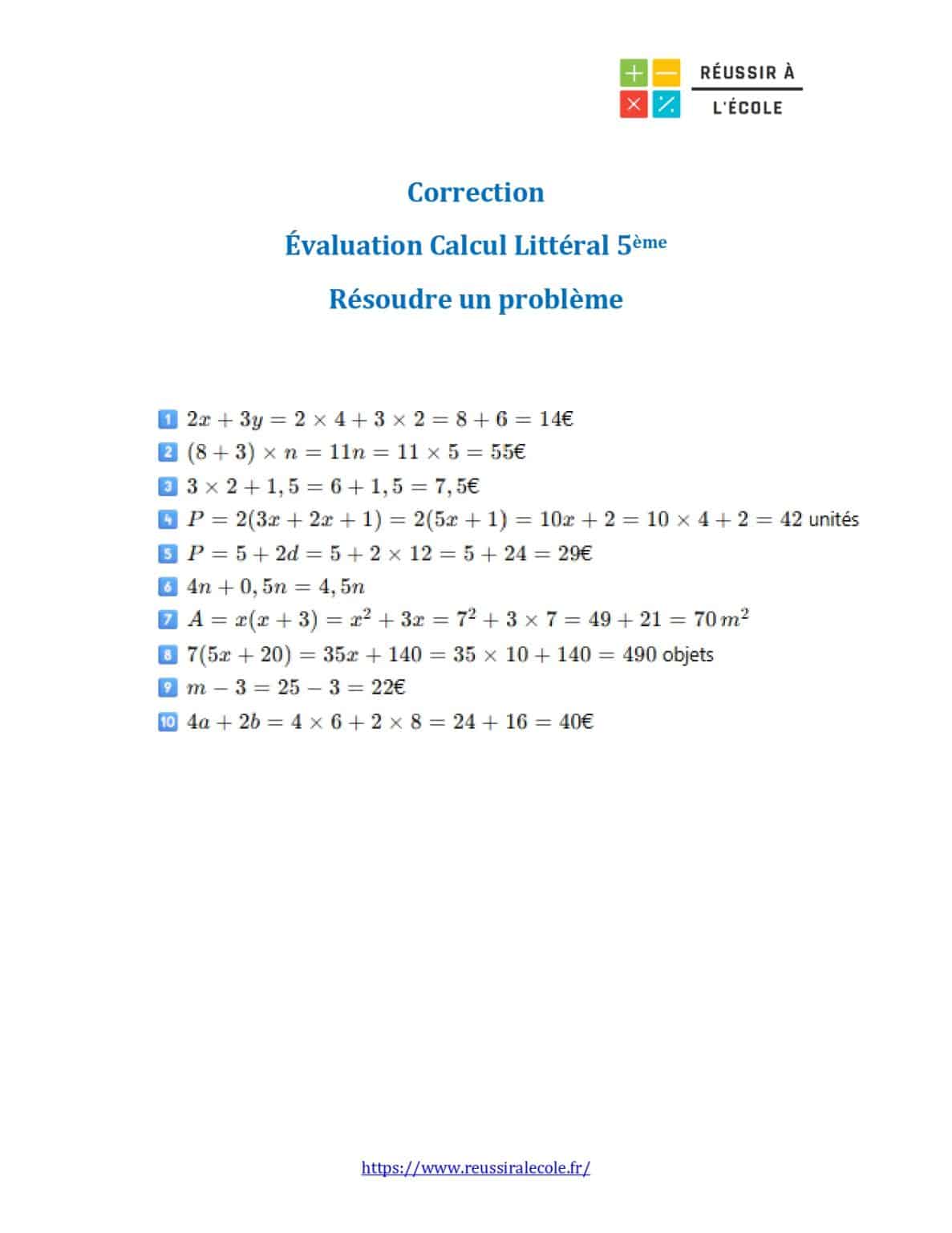 Évaluation Calcul Littéral 5ème avec Corrigés PDF
