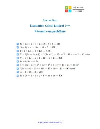 Évaluation Calcul Littéral 5ème avec Corrigés PDF