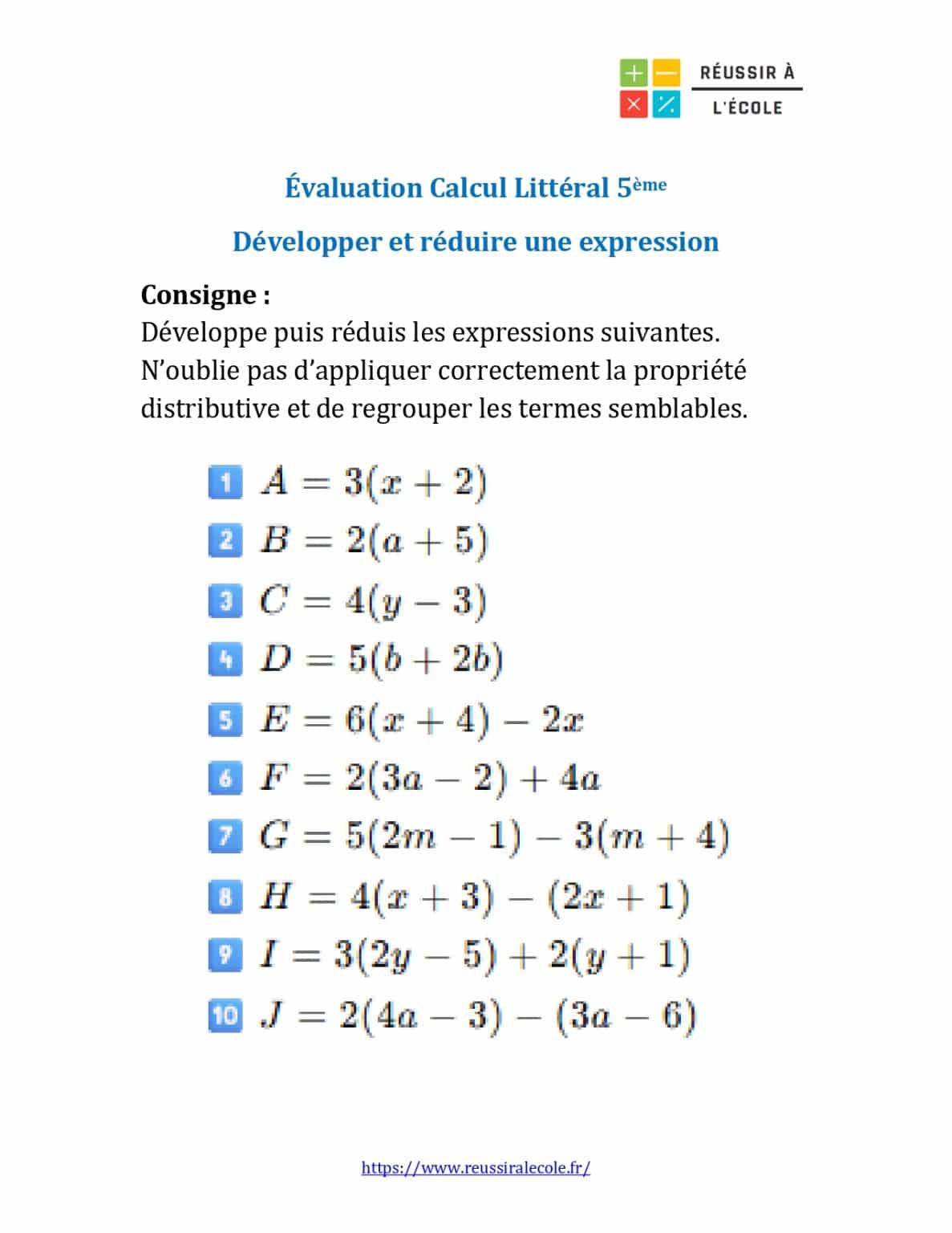 Évaluation Calcul Littéral 5ème avec Corrigés PDF