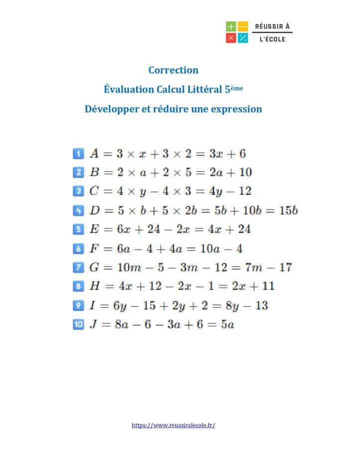 Évaluation Calcul Littéral 5ème avec Corrigés PDF
