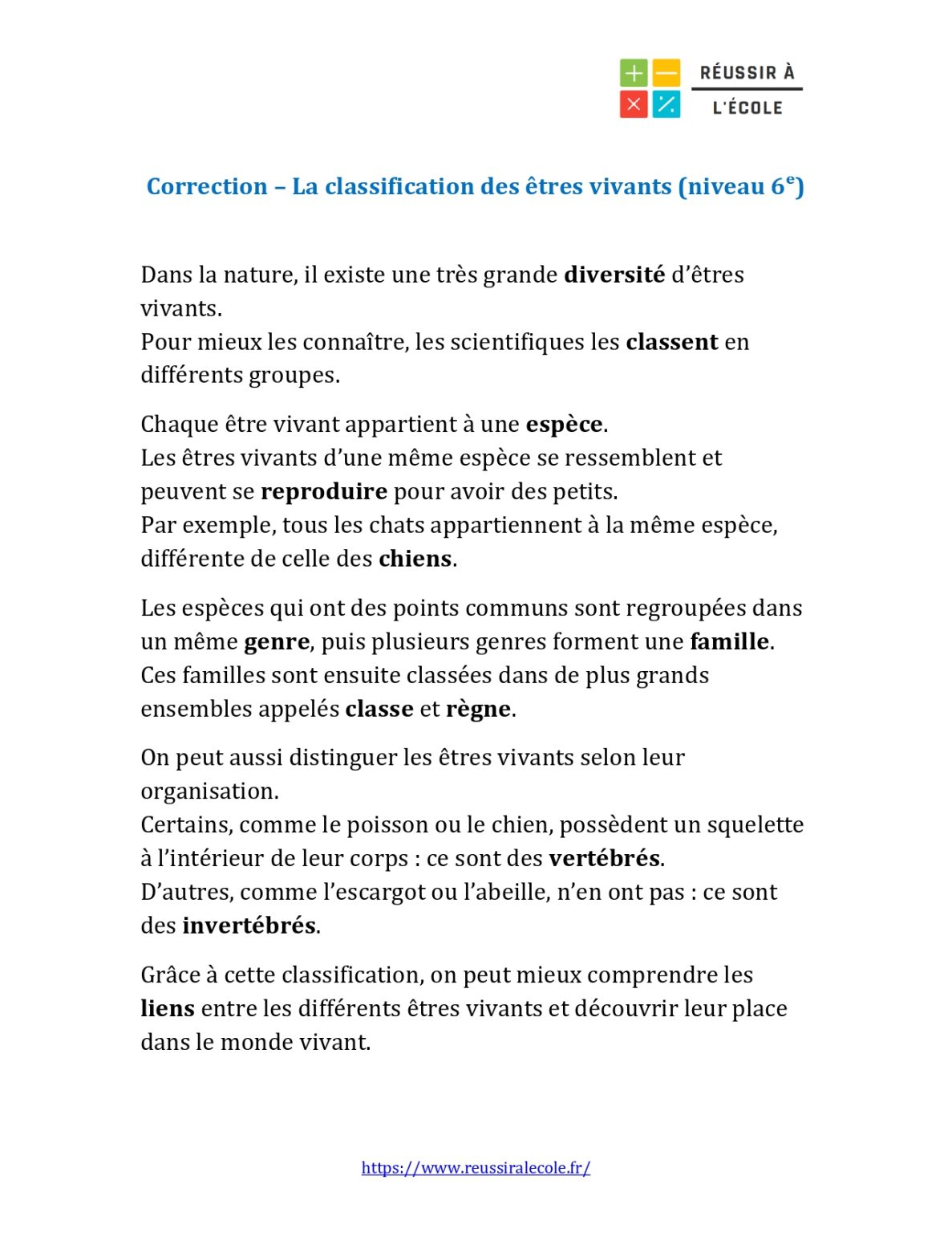 Évaluation SVT 6ème êtres vivants PDF avec Correction