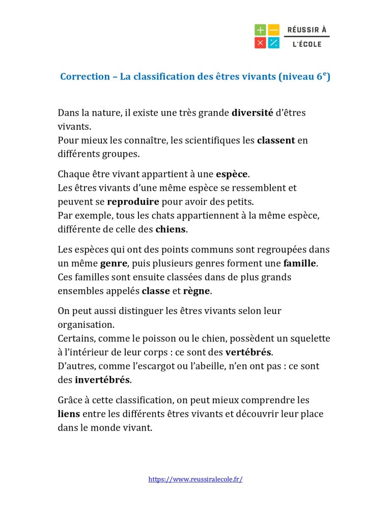Évaluation SVT 6ème êtres vivants PDF avec Correction