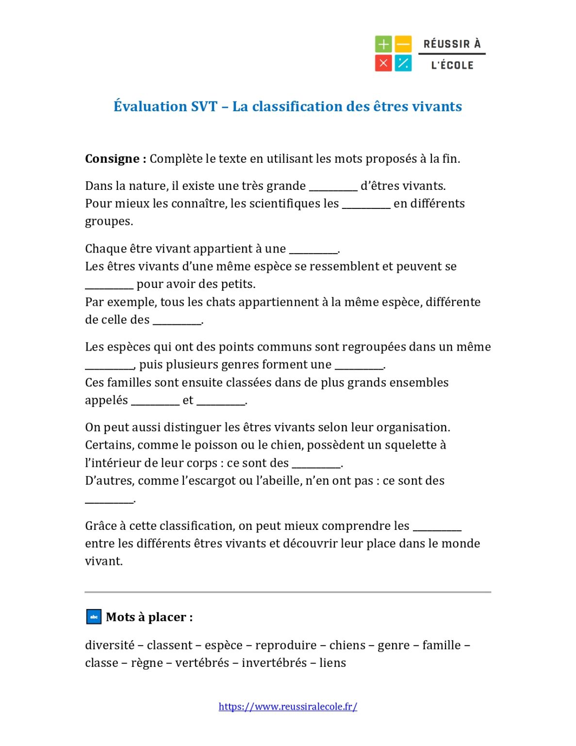 Évaluation SVT 6ème êtres vivants PDF avec Correction