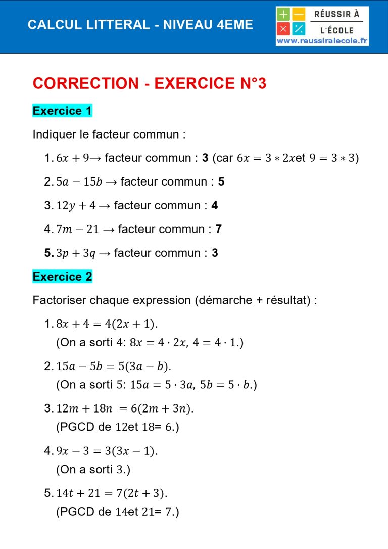 Exercice Calcul Littéral 4ème avec corrigé PDF à imprimer