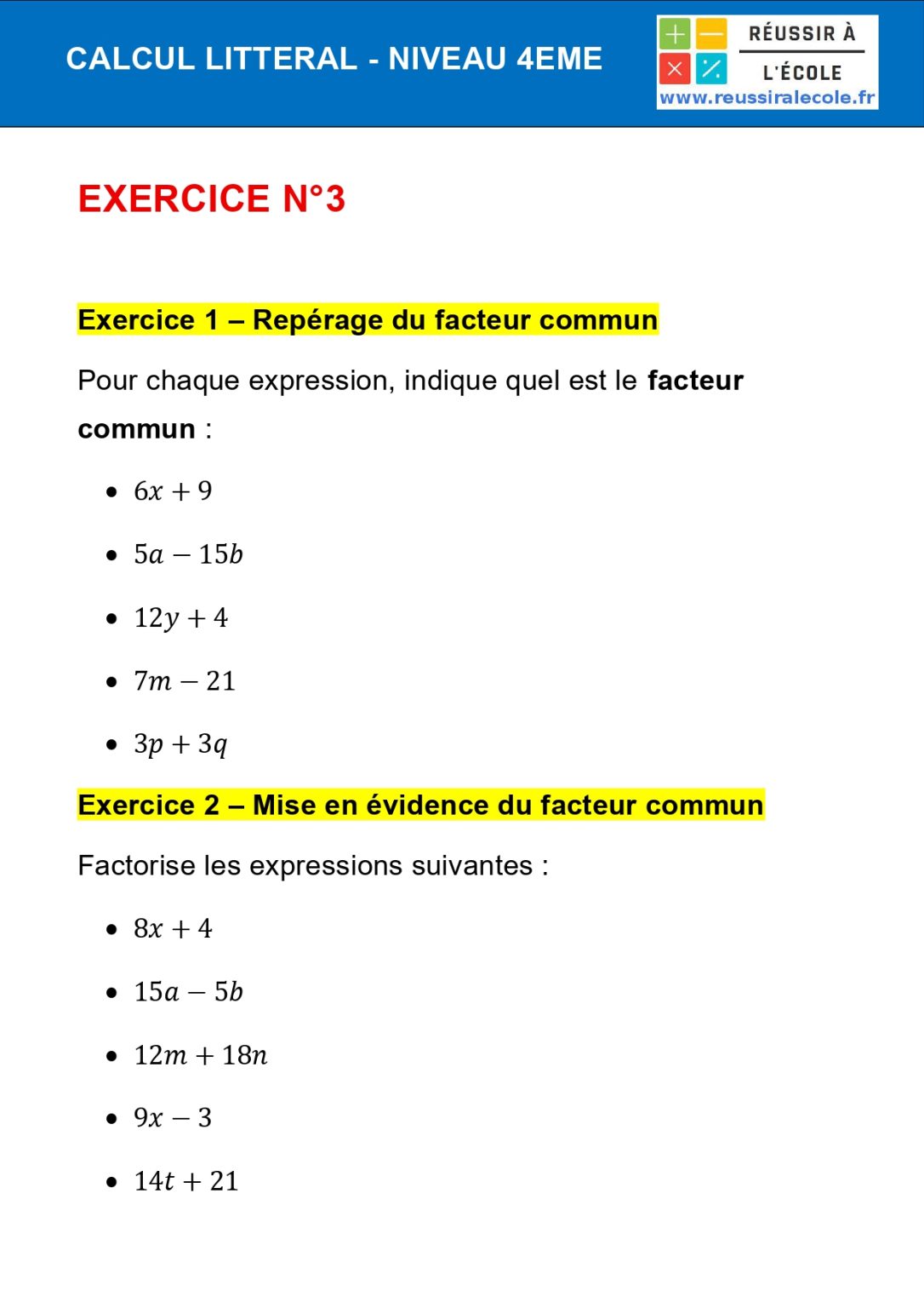 Exercice Calcul Littéral 4ème avec corrigé PDF à imprimer