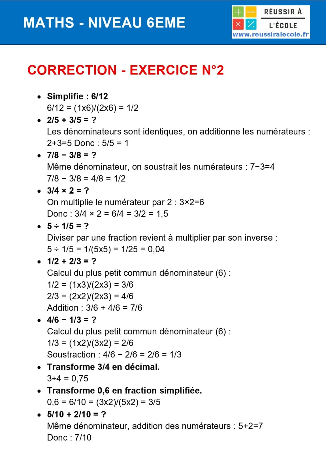 Exercice de Math 6ème avec Correction (PDF)