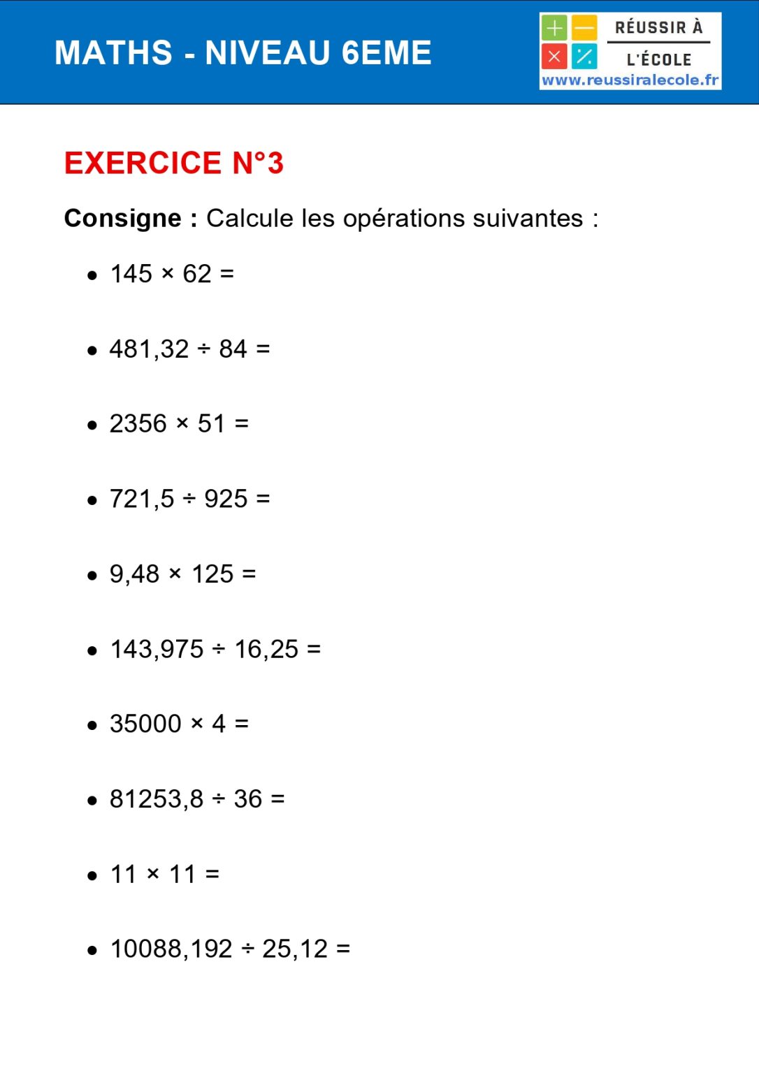 Exercice de Math 6ème avec Correction (PDF)