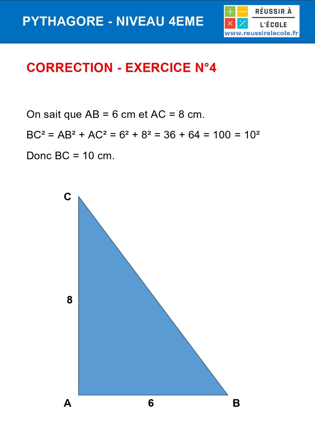 Exercice Pythagore 4ème : 40 questions avec correction (PDF)