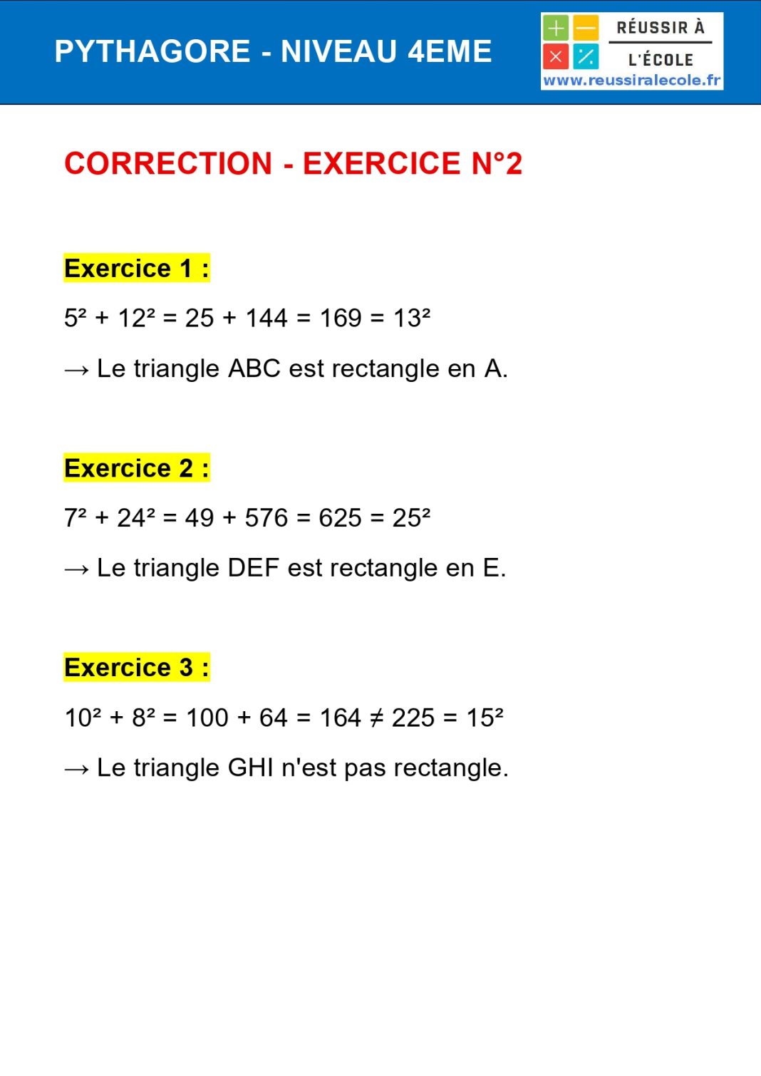 Exercice Pythagore 4ème : 40 questions avec correction (PDF)