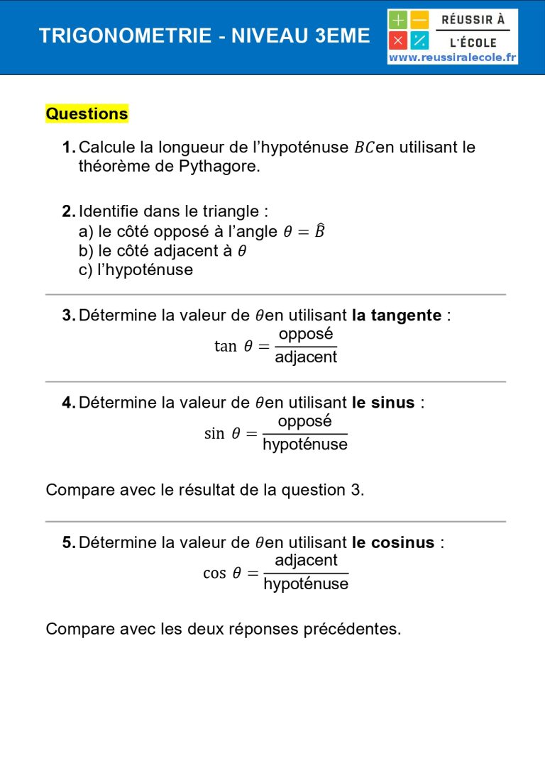 Exercice Trigonométrie 3ème avec corrigé PDF à imprimer
