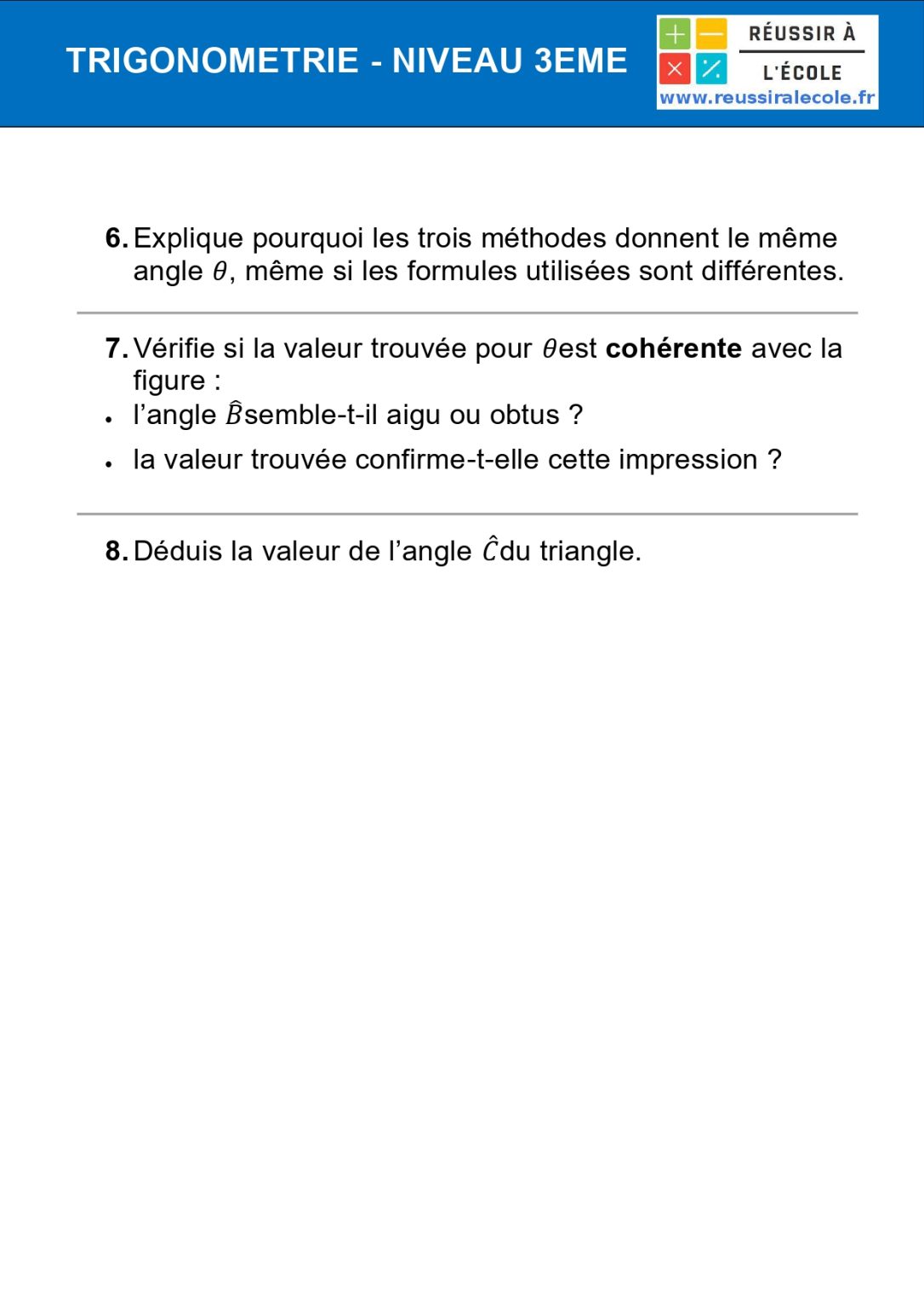 Exercice Trigonométrie 3ème avec corrigé PDF à imprimer
