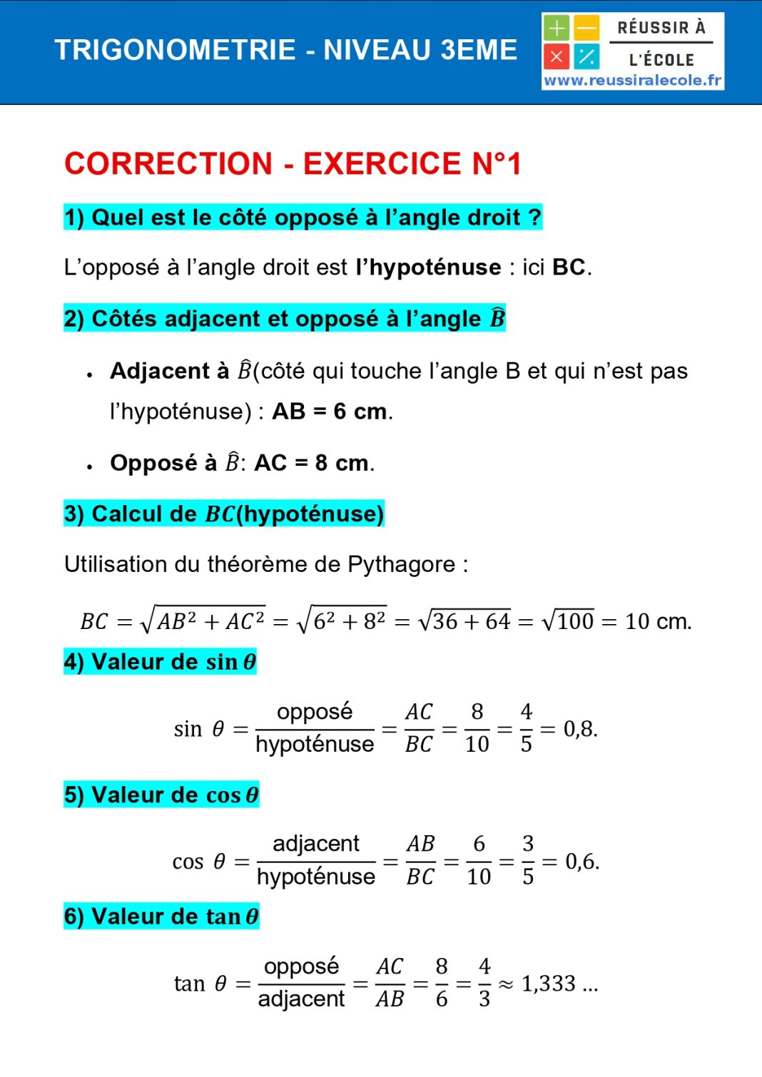 Exercice Trigonométrie 3ème avec corrigé PDF à imprimer