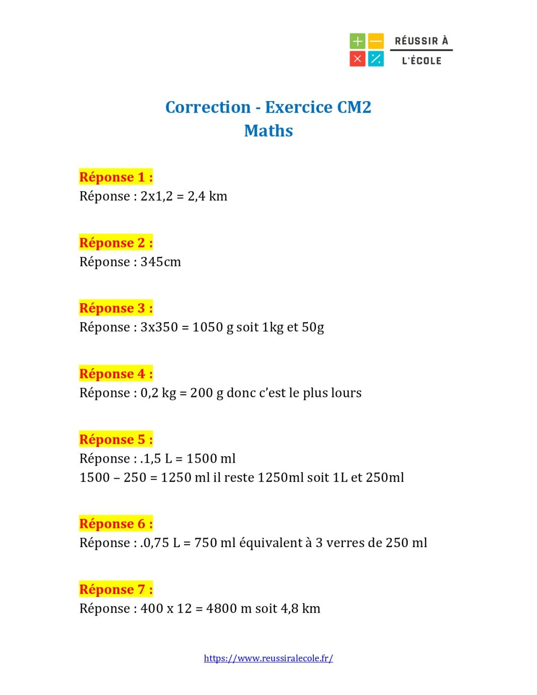 Exercice Maths CM2 : 50 questions avec Corrigé (PDF)