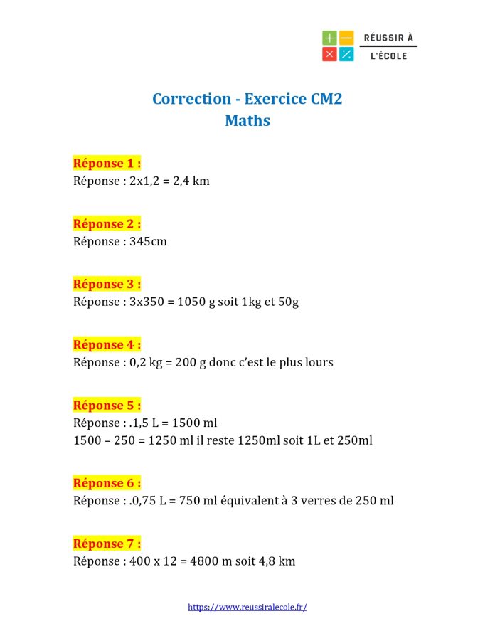 Exercice Maths CM2 : 50 questions avec Corrigé (PDF)